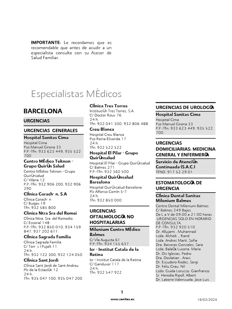 Cuadro Médico Sanitas 2024 | PDF | Cuidado de la salud | Especialidades Medicas