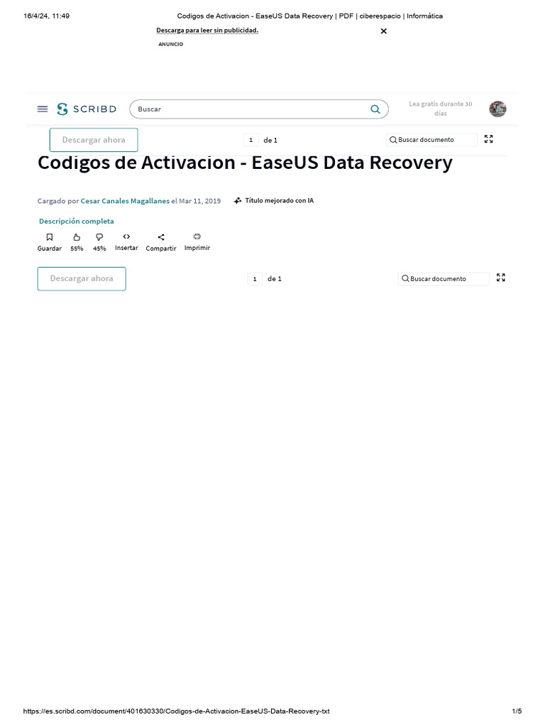 Codigos de Activacion - EaseUS Data Recovery - PDF - Ciberespacio ...