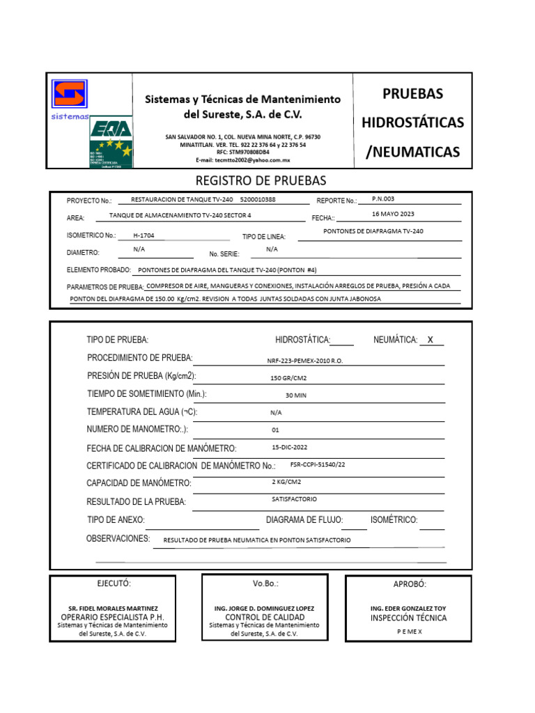 Formato Pruebas PN 003 | PDF | Tecnologías de gas | Gases