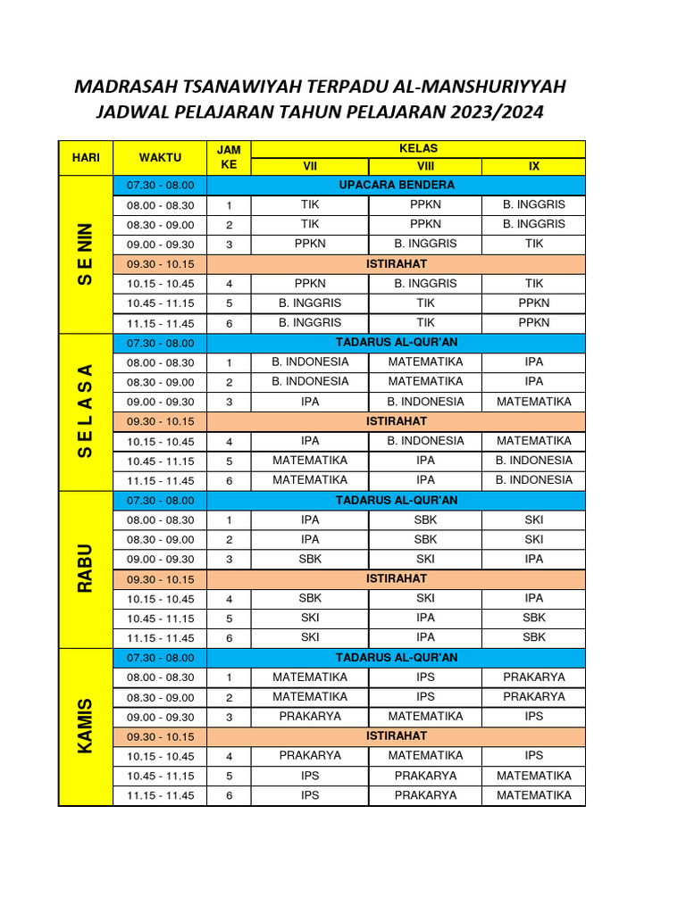 Jadwal Pelajaran MTS 2023-2024 Semester 2 | PDF