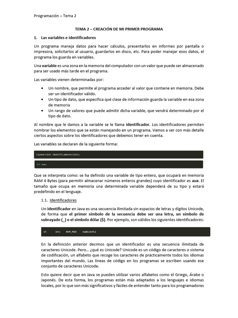 Introducción a Variables en Java | PDF | Variable (informática) | Tipo ...
