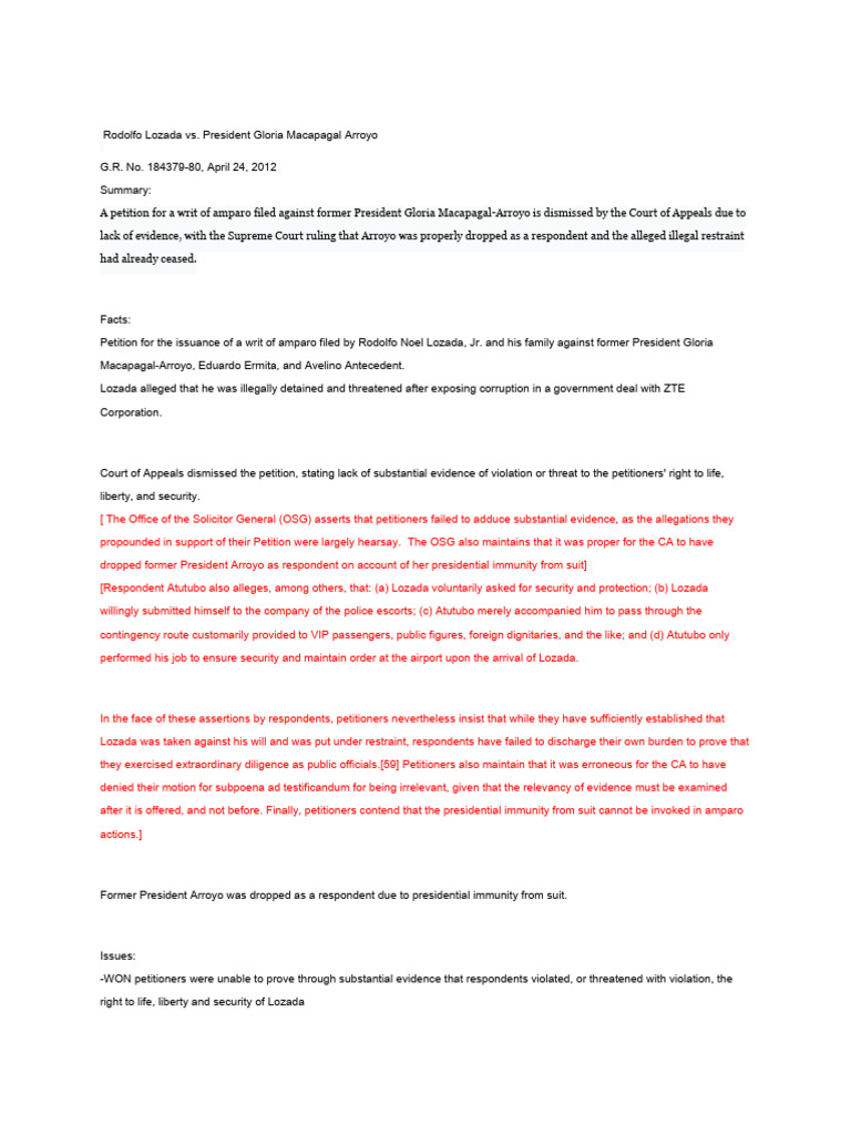Lozada vs. Arroyo: Amparo Case Summary | PDF | Justice | Crime & Violence