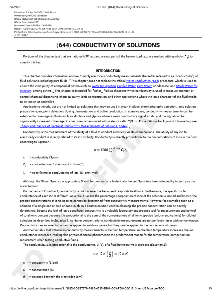 USP 644: Conductivity Measurement Guide | PDF | Electrical Resistance ...