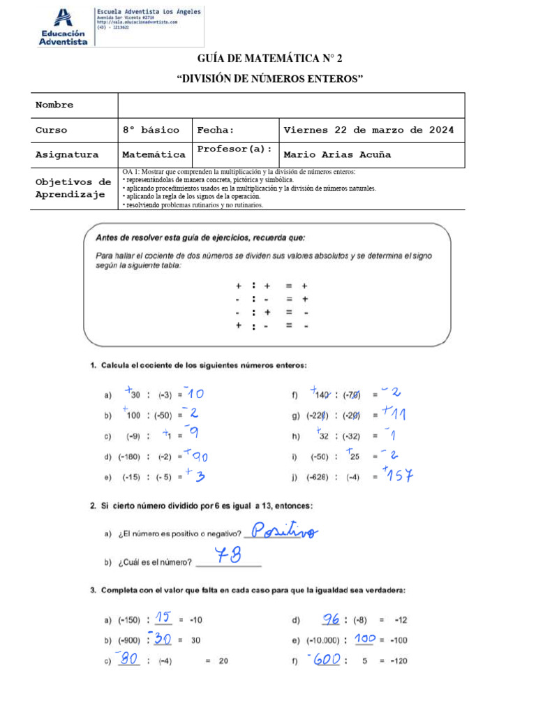 8° Mat - Guía N°2 de Divisiones de N° Enteros. | PDF