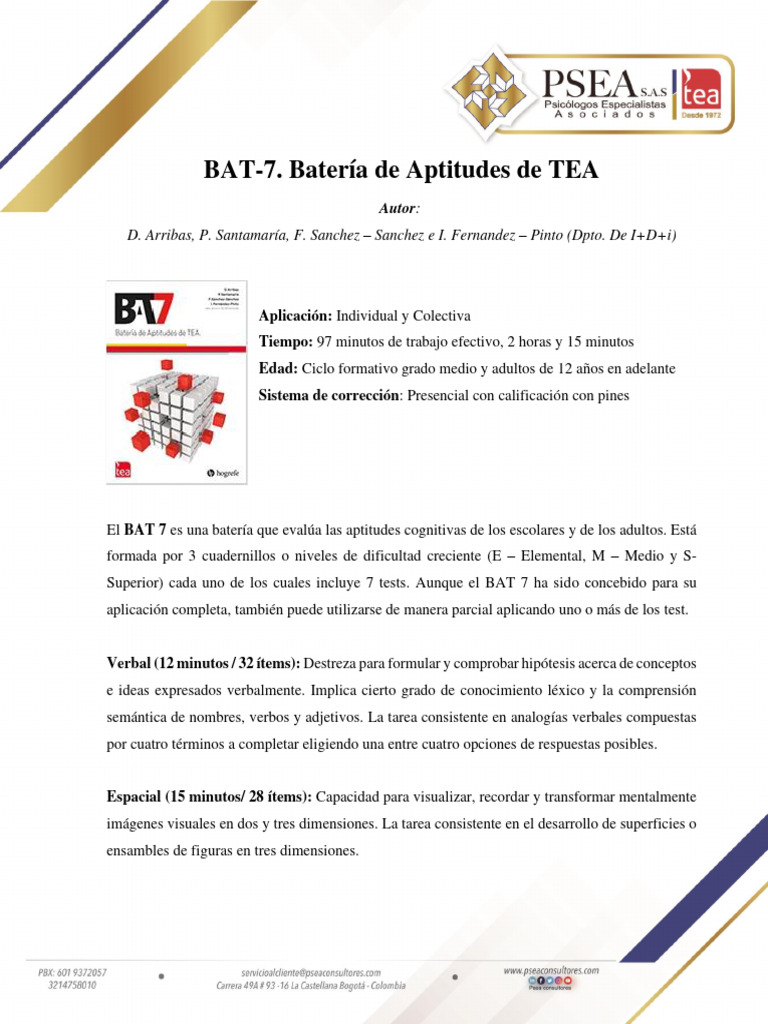 Evaluación Cognitiva BAT-7: Guía Completa | PDF | Razonamiento deductivo | Atención
