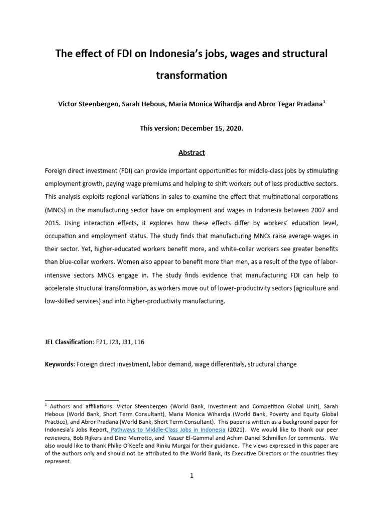 The Effect of FDI on Indonesia s Jobs Wages and Structural ... The Effect of FDI on Indonesia s Jobs Wages and Structural ...