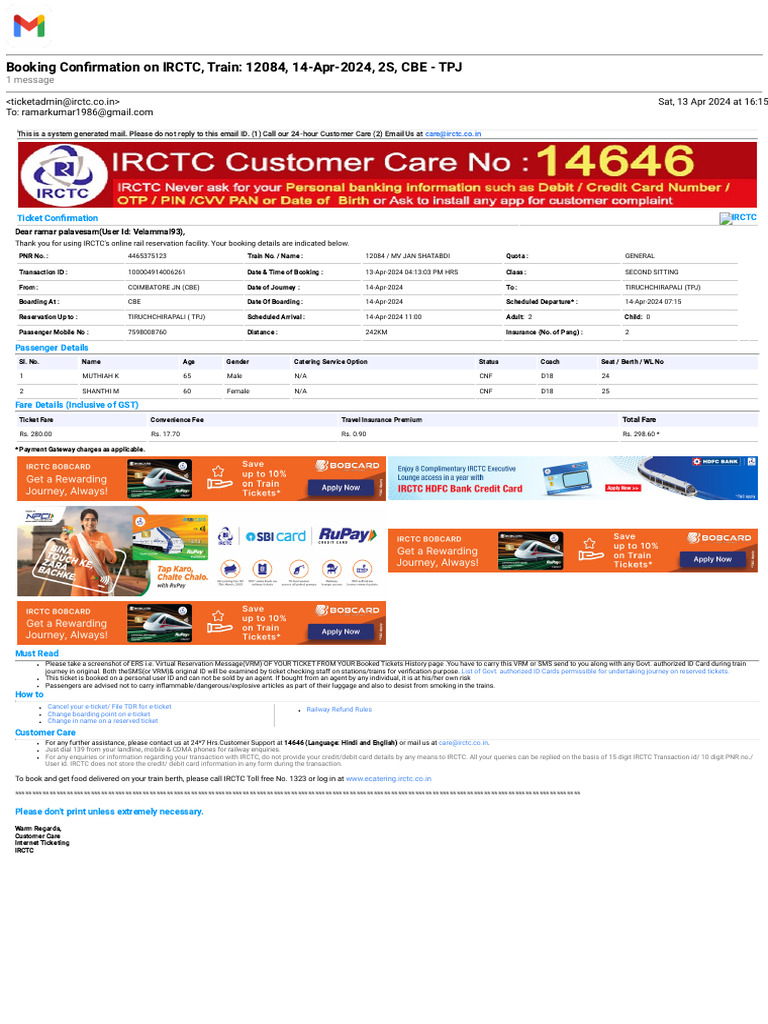 Gmail - Booking Confirmation On IRCTC, Train - 12084, 14-Apr-2024, 2S ...