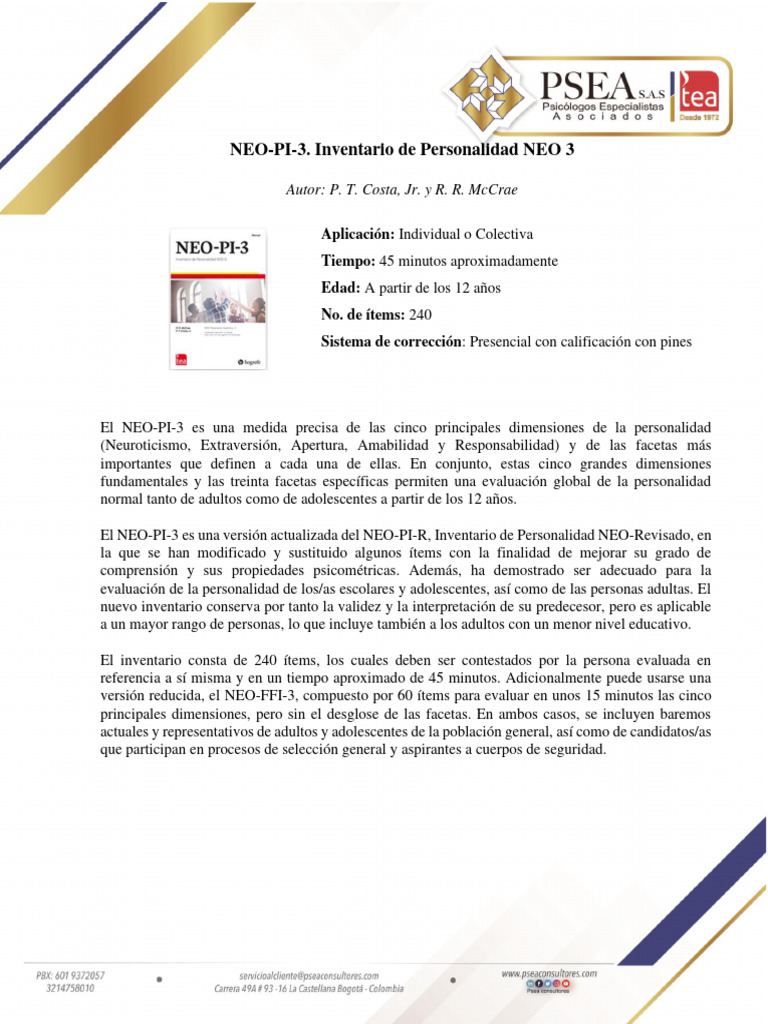 Ficha Técnica NEO-PI-3. Inventario de Personalidad NEO - 3 | PDF