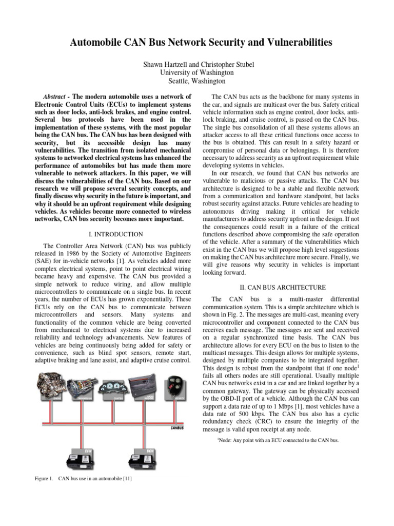 Hartzell Stubel Automobile Can Bus Network Security And Vulnerabilities Technical Report Pdf