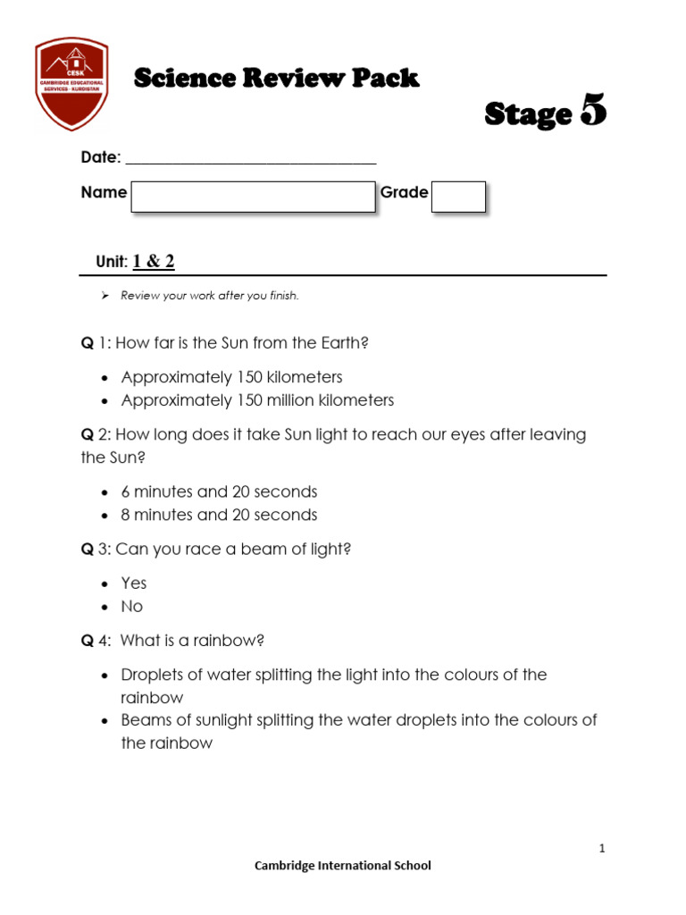 Stage 5 Science Term 1 Final Review Pack | PDF | Filtration | Water