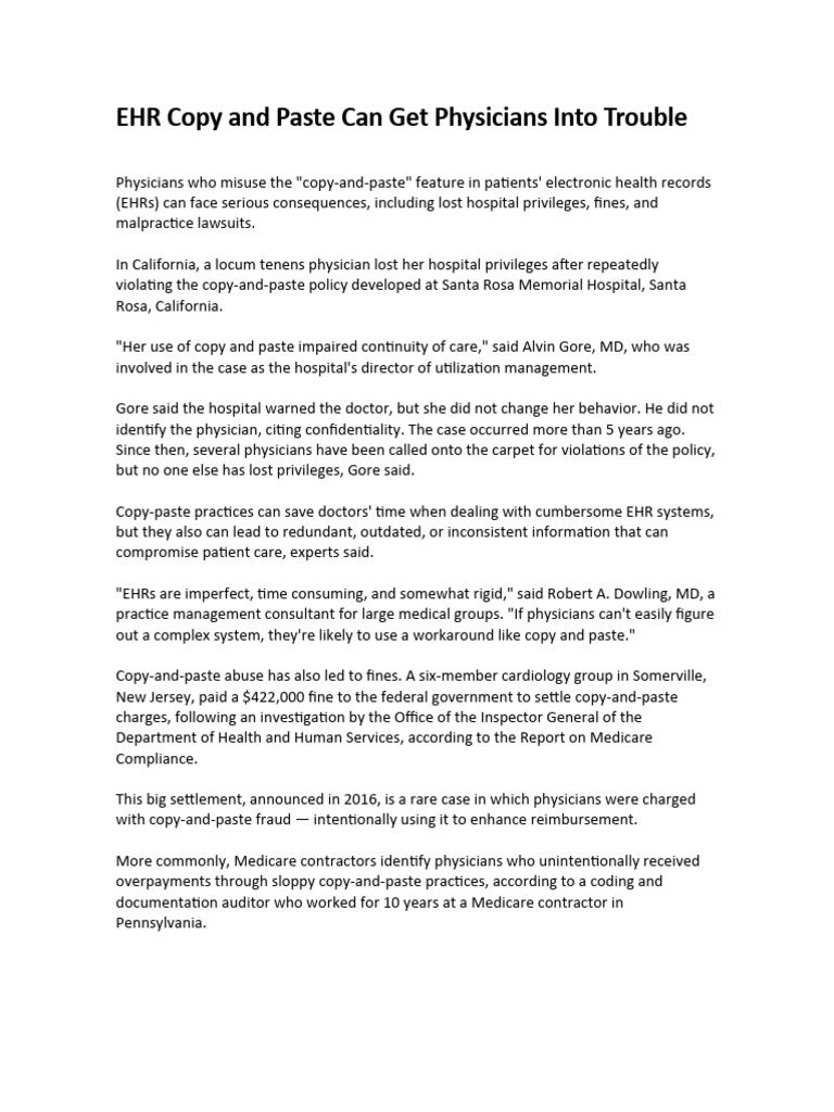6 - Texto - EHR Copy and Paste Can Get Physicians Into Trouble | PDF | Physician | Electronic ...