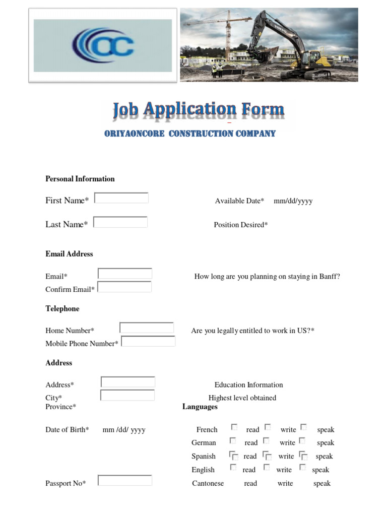 Oriyaoncore Construction Job Application Form-1-1 | PDF | Language Arts ...