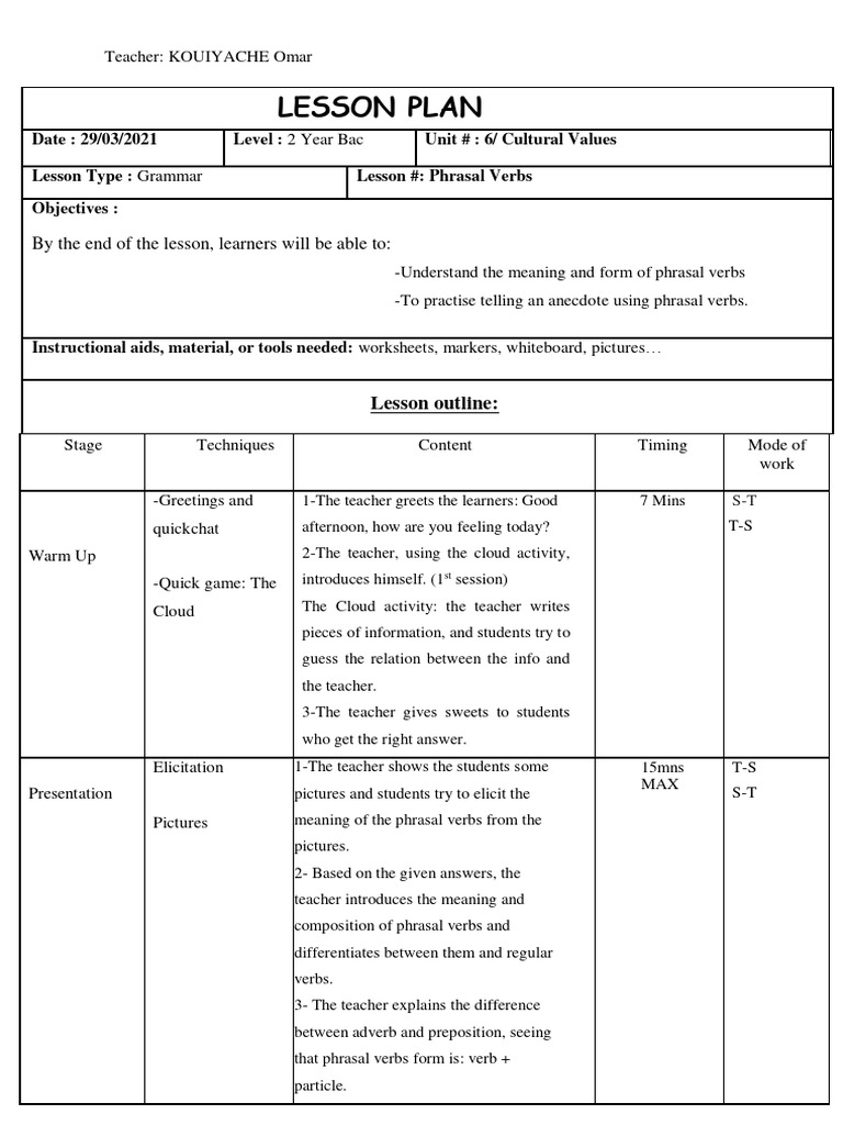 Phrasal Verbs Lesson Plan for 2 Bac | PDF | Semantic Units | Human ...