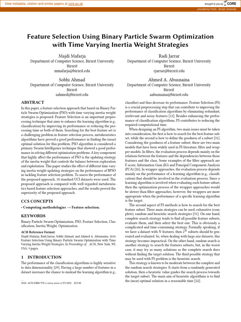 Feature Selection Using Binary Particle Swarm Optimization With Time ...