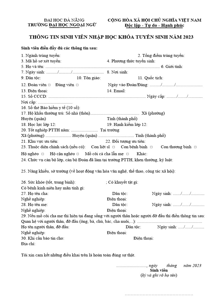 Phieu Thong Tin Nhap Hoc 2023 | PDF