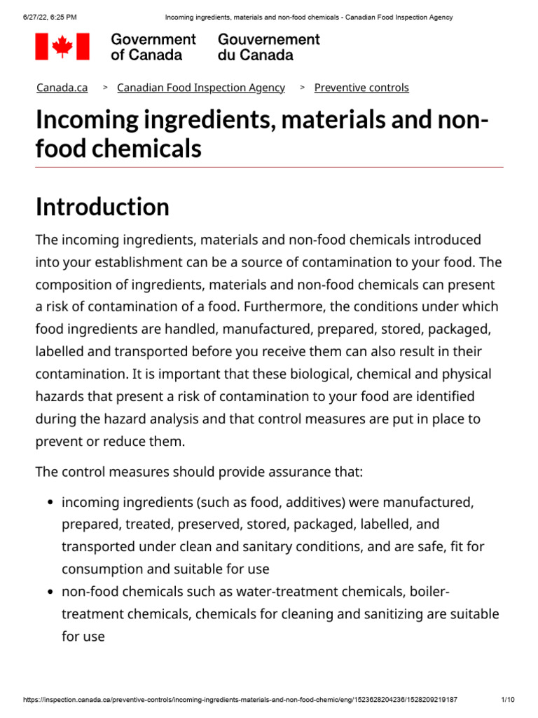 Incoming Ingredients, Materials and Non-Food Chemicals - Canadian Food ...
