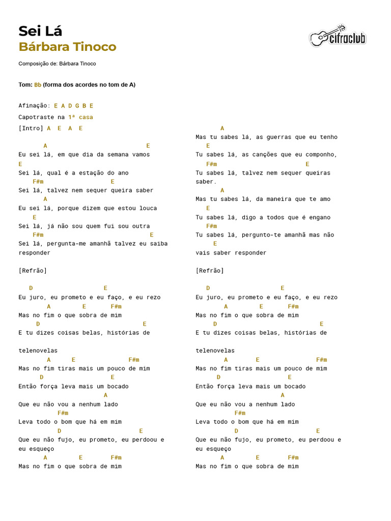 Cifra Club - Bárbara Tinoco - Sei Lá | PDF | Música gravada