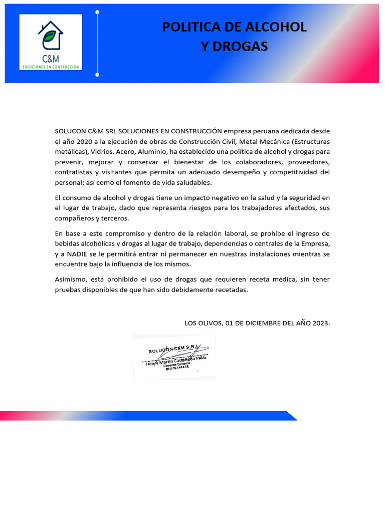 SOLUCON Política de Alcohol y Drogas. | PDF