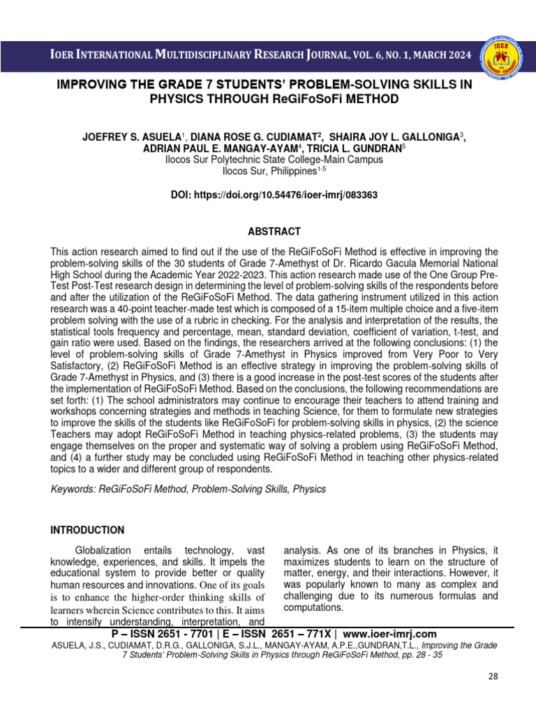 Improving The Grade 7 Students' Problem-Solving Skills in Physics ... Improving The Grade 7 Students' Problem-Solving Skills in Physics ...