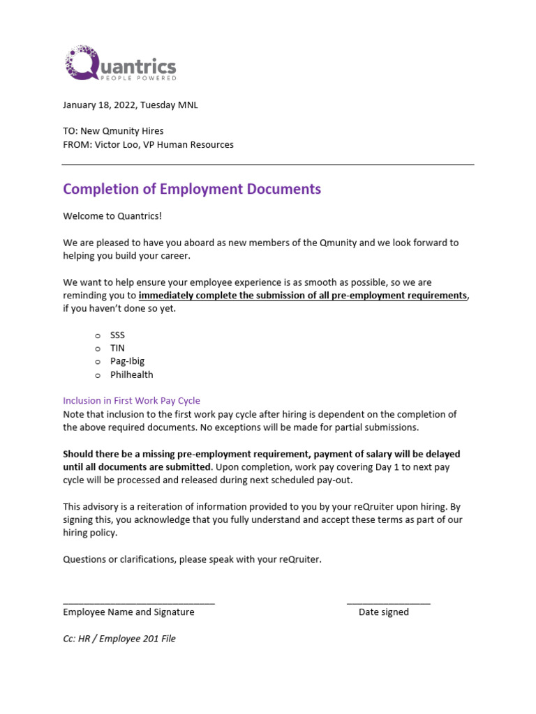 Completion of Pre-Employment Requirements - Memo To New Hires ...