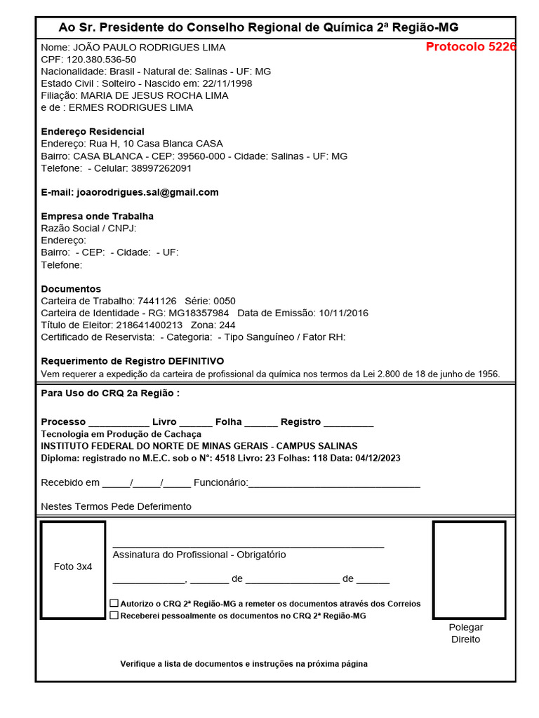 CRQ Requerimento João Paulo Rodrigues Lima | PDF | Direito