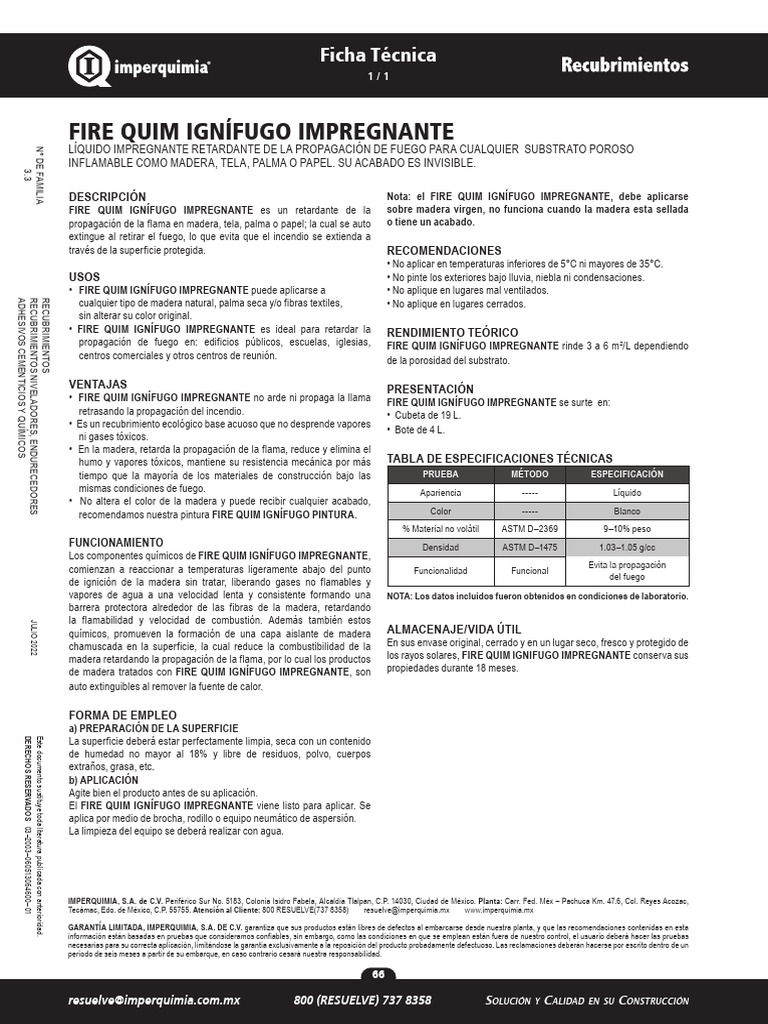 FT Fire Quim Ignífugo Impregnante | PDF | Madera | Incendios