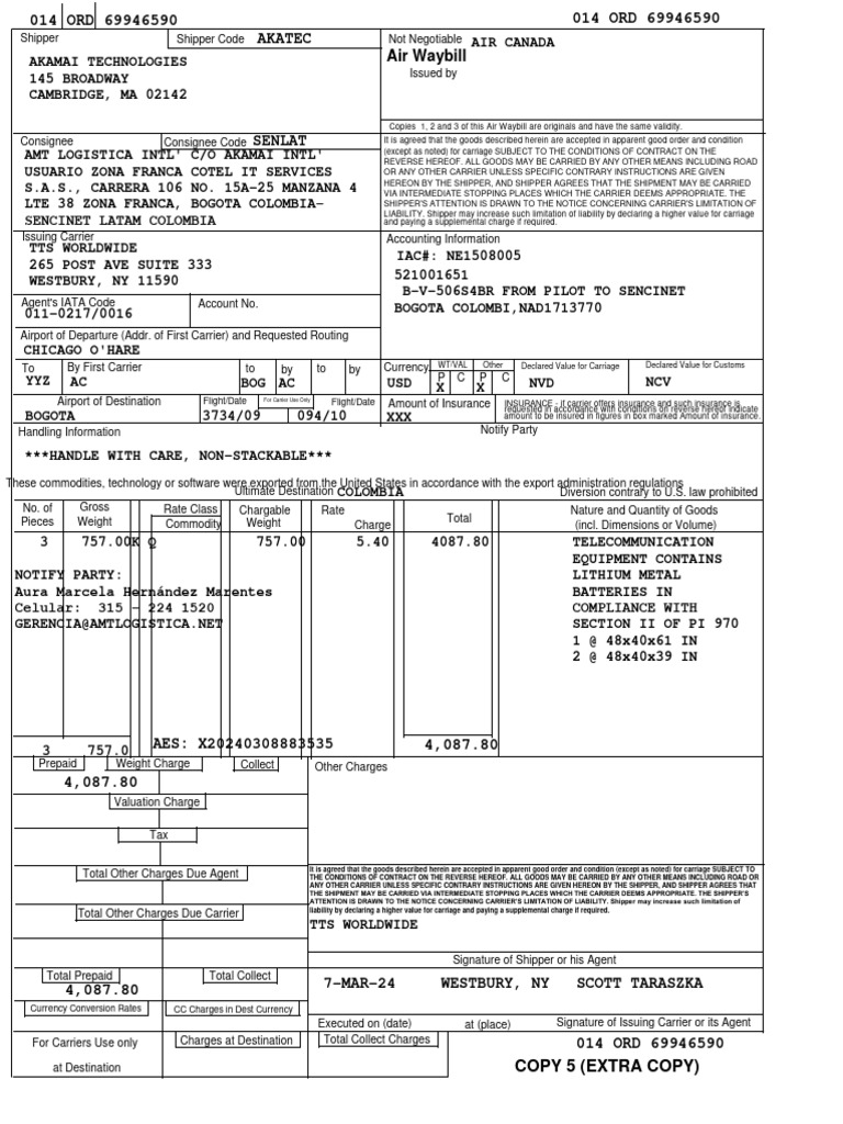 Copy 5 (Extra Copy) : Wt/Val Other Declared Value For Customs Declared ...