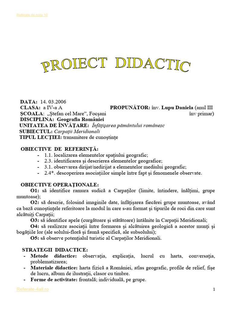Carpatii Meridionali - Plan Lectie | PDF