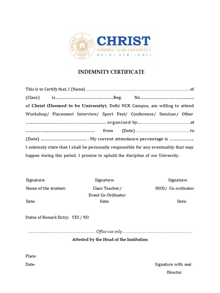 1712119433292indemnity Certificate V2 | PDF