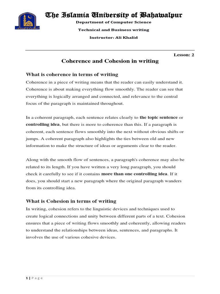 Lesson 2 (Cohesion and Coherence) | PDF | Word | Language Mechanics