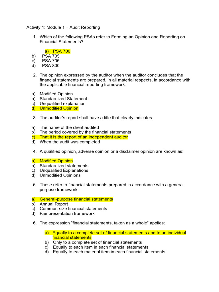 ACC 13 Activity 1 Student S | PDF | Auditor's Report | Audit