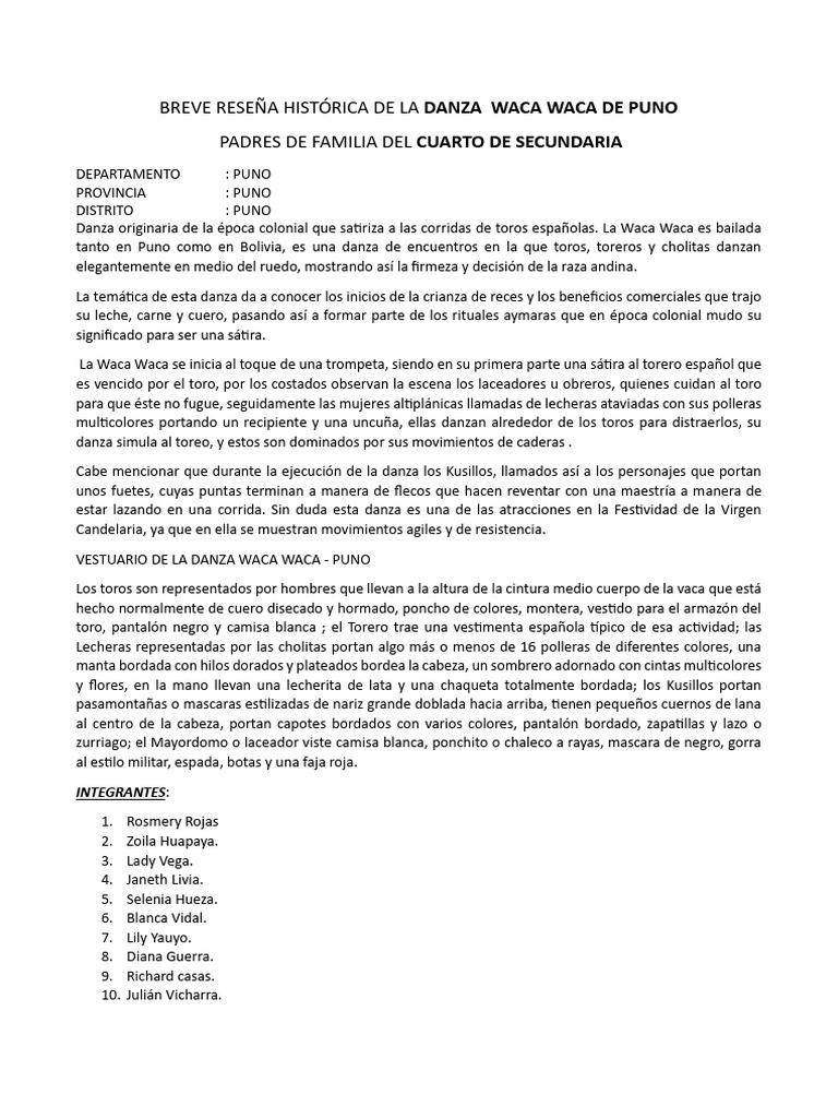 Breve Reseña Histórica de La Danza Waca Waca de Puno | PDF