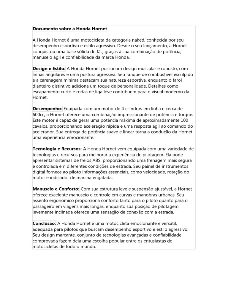 Documento Sobre A Honda Hornet | PDF