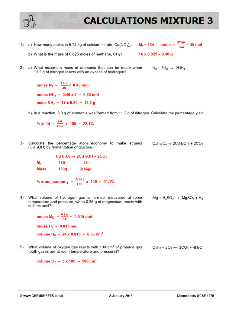Chemsheets GCSE 1279 Calculations Mixture 3 ANS | PDF | Ammonia | Mole ... Chemsheets GCSE 1279 Calculations Mixture 3 ANS | PDF | Ammonia | Mole ...