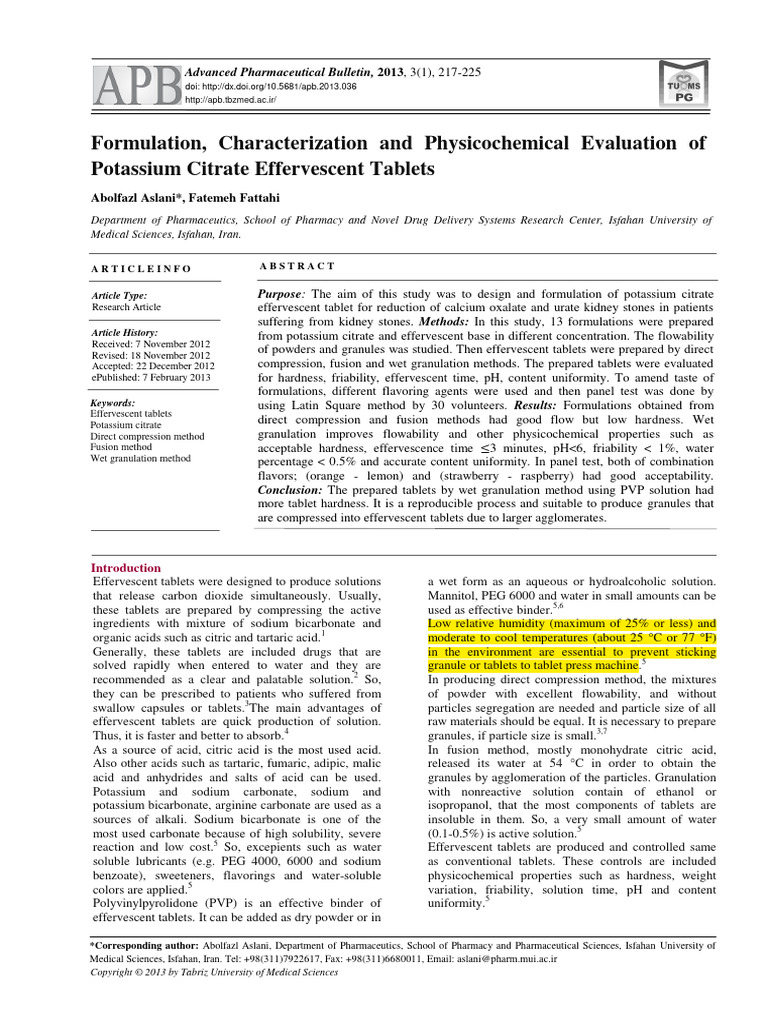 7 Physicochemical Evaluation Of Potassium Citrate Effervescent Tablets