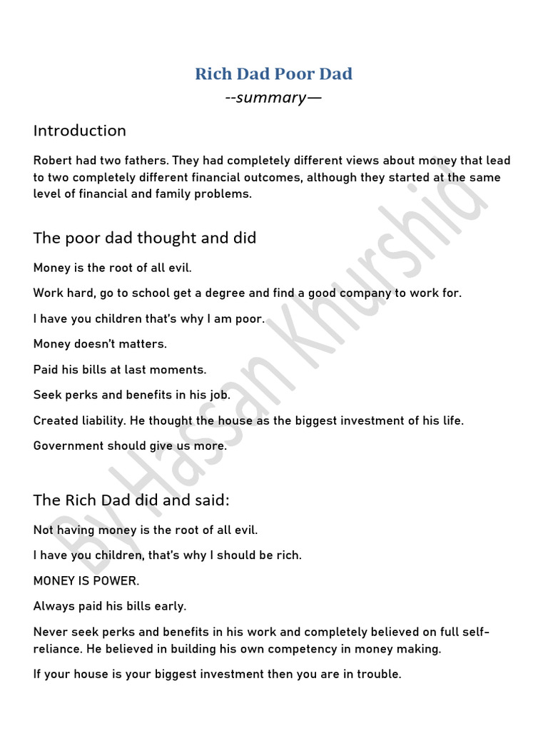 Rich Dad Poor Dad Summary | PDF | Credit | Finance & Money Management