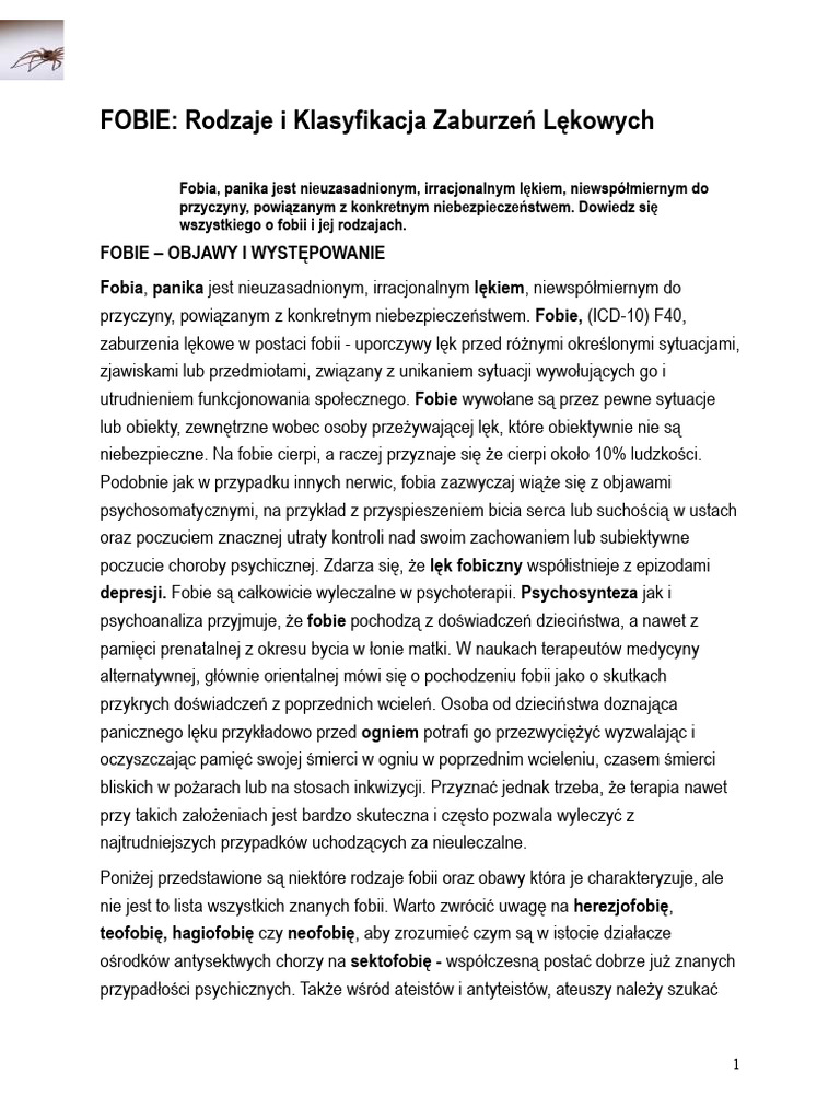 FOBIE - Rodzaje i klasyfikacja zaburzeń lękowych | PDF