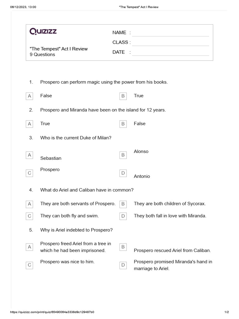 "The Tempest" Quiz for Students | PDF | The Tempest | Shakespearean ...