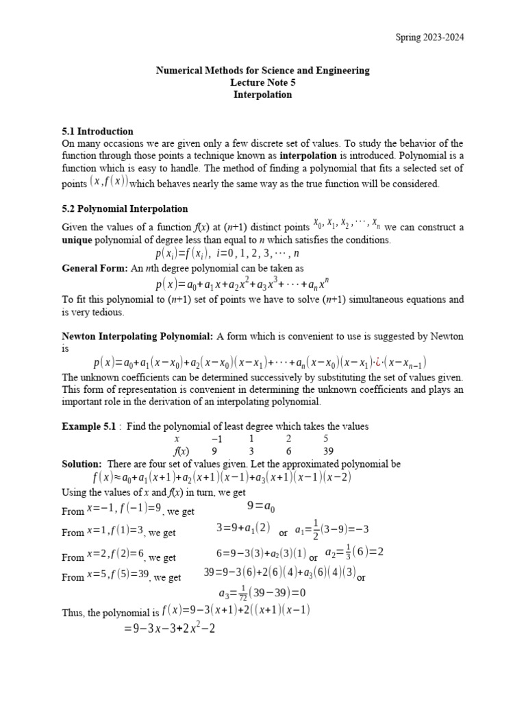 CH-5, Math-5 - Lecture - Note | PDF | Interpolation | Polynomial