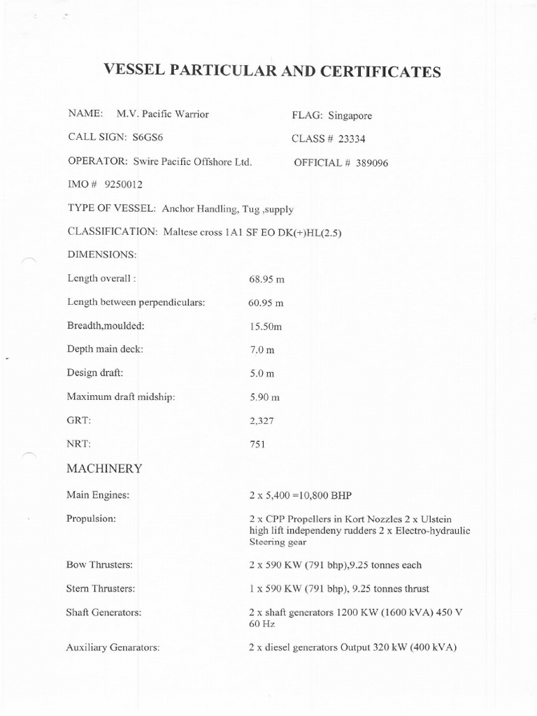 BGW Caracteristicas Buque - Vessel Particulars | PDF