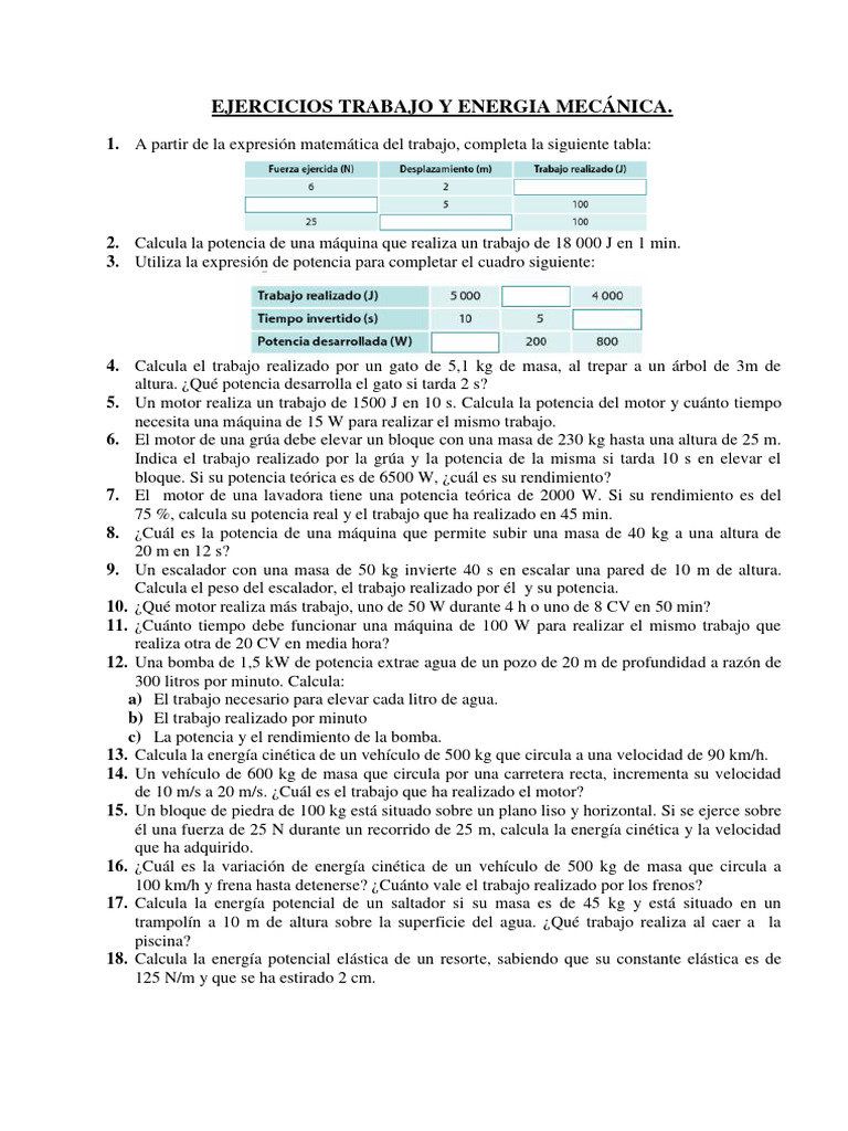 4º ESO - Tema 9 - Ejercicios de Trabajo y Energia | PDF | Energía potencial | Masa