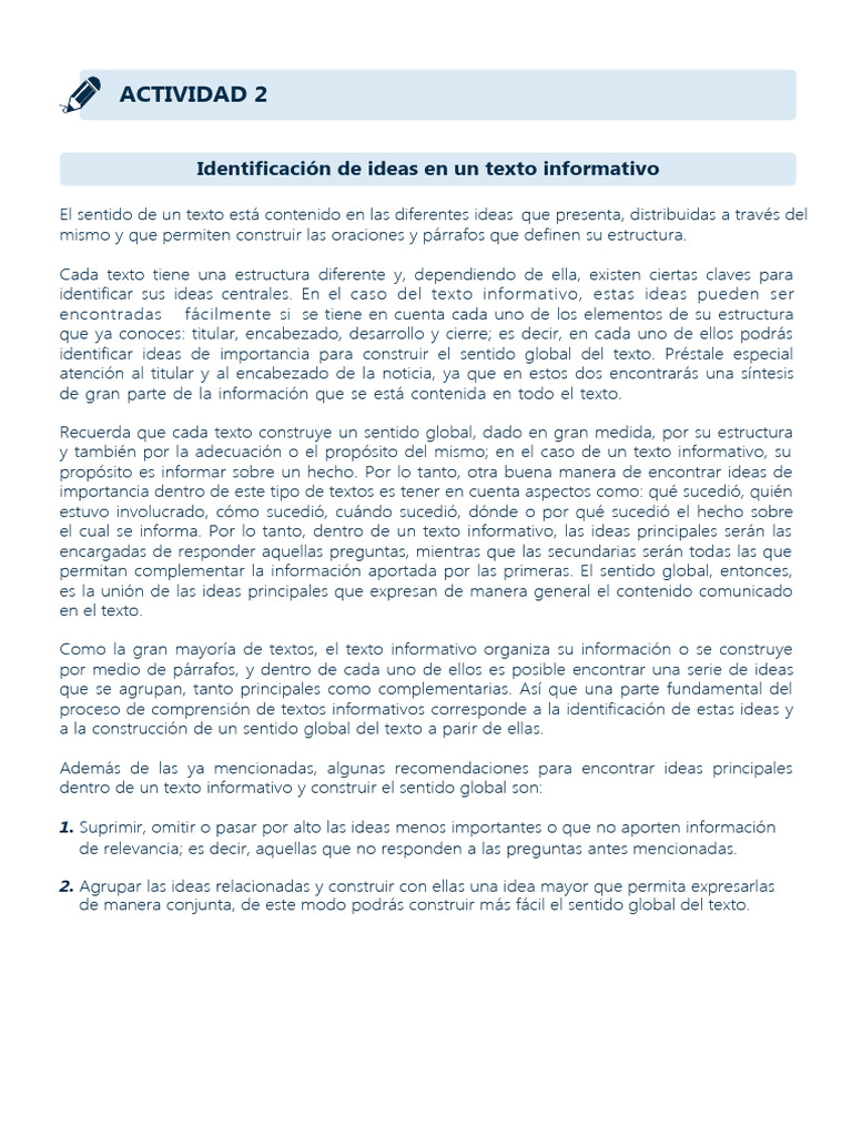 El sentido de un texto está contenido en las diferentes ideas que ...