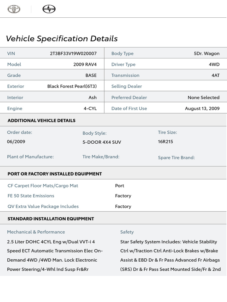 Vehicle Specs - 2009 RAV4 BASE | PDF | Car Manufacturers | Toyota