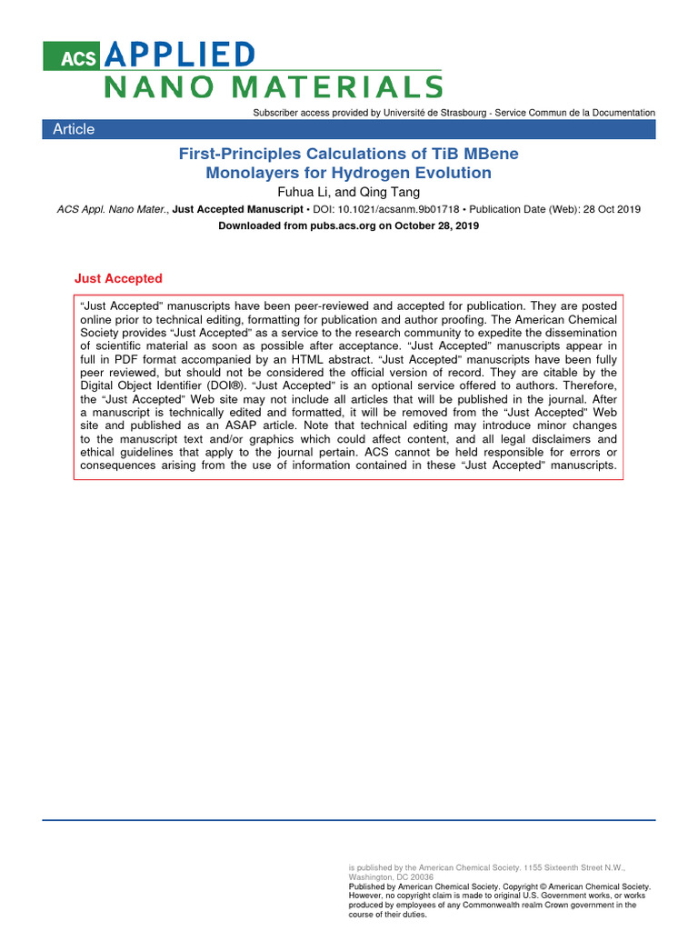 First-Principles Calculations of TiB MBene Monolayers For Hydrogen ...