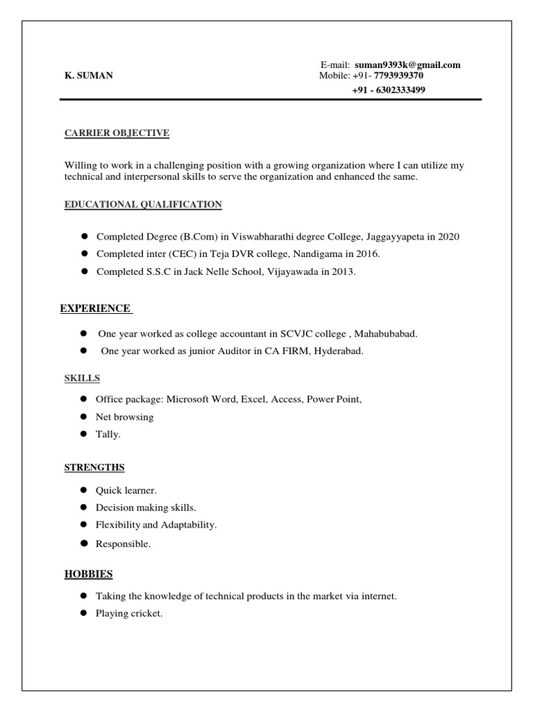 Resume of K. Suman - B.Com Graduate | PDF