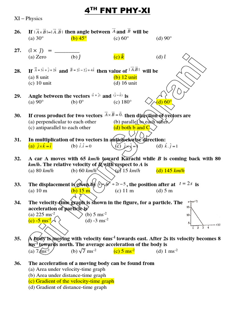 XI Physics KEY Irfan Sanjrani 4TH FNT | PDF | Velocity | Acceleration