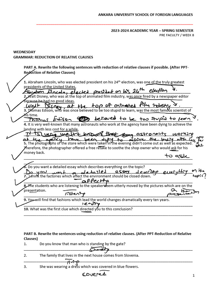 Handout-Reduction of Relative Clauses | PDF