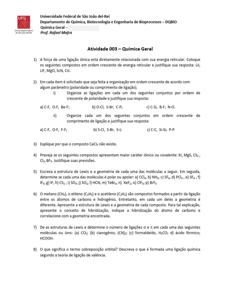 Atividade 003 - QGer | PDF | Carbono | Ligação química