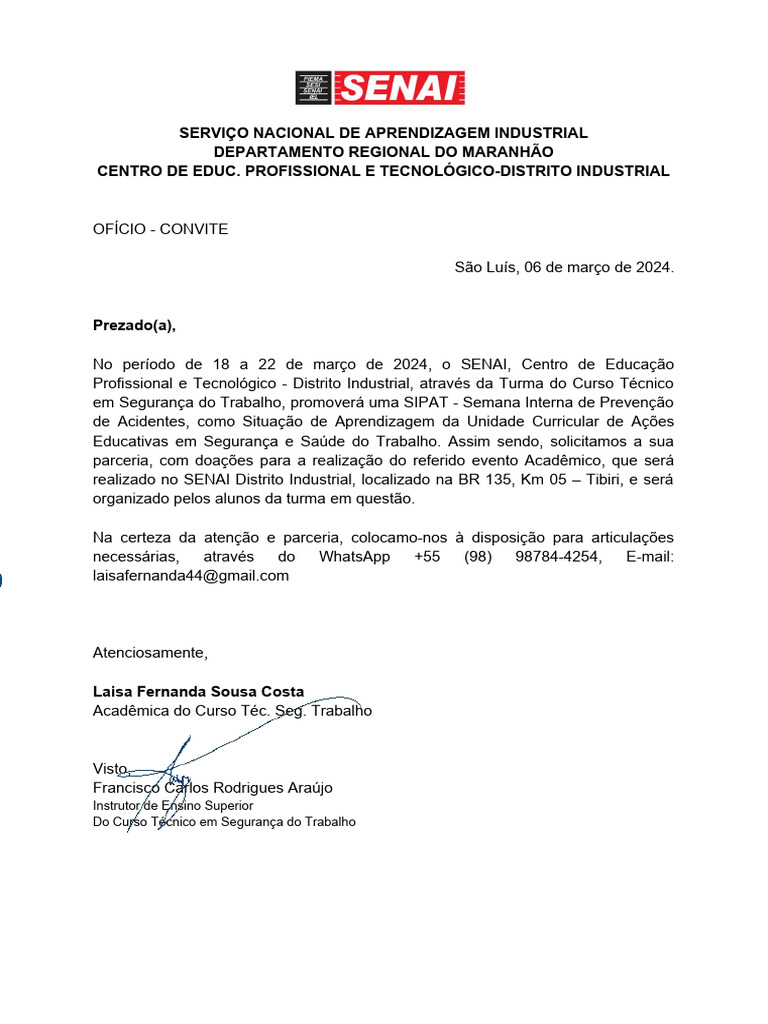 Ofício - Convite - SIPAT | PDF