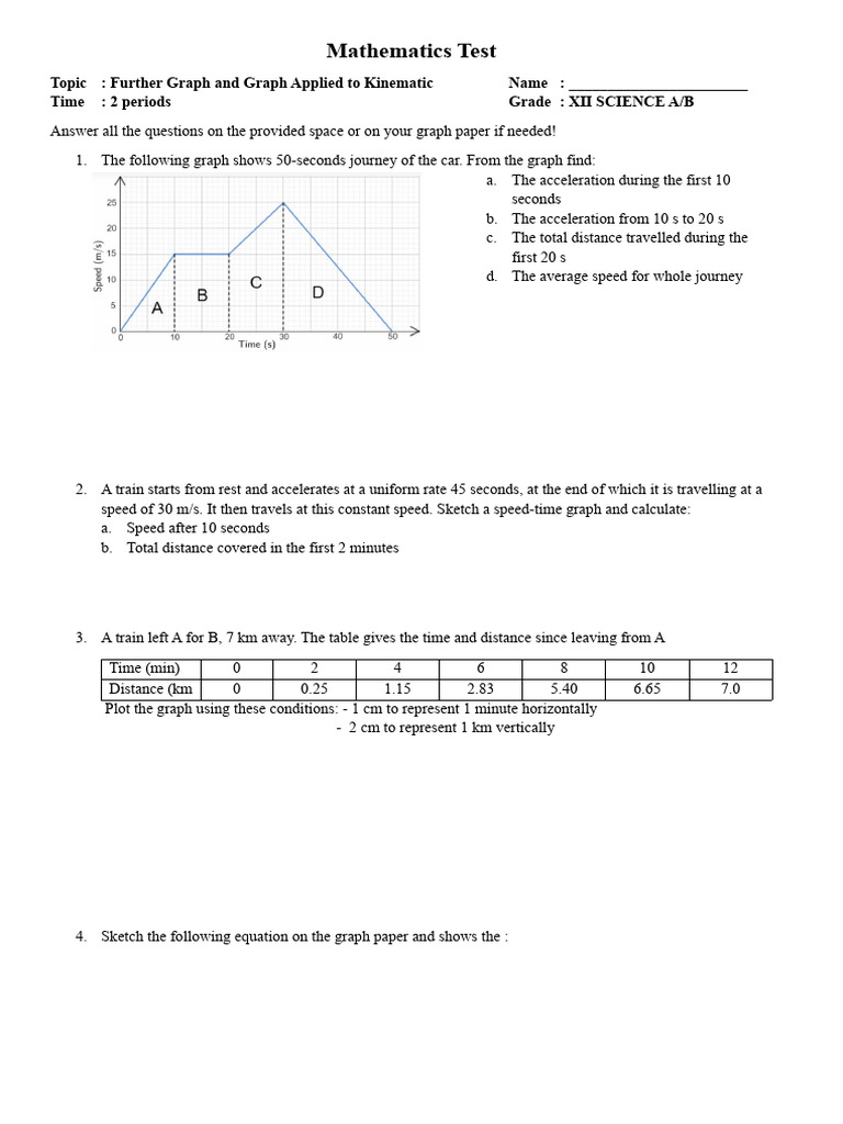 Mathematics Test Kinematic Graph Grade XII IPA | PDF